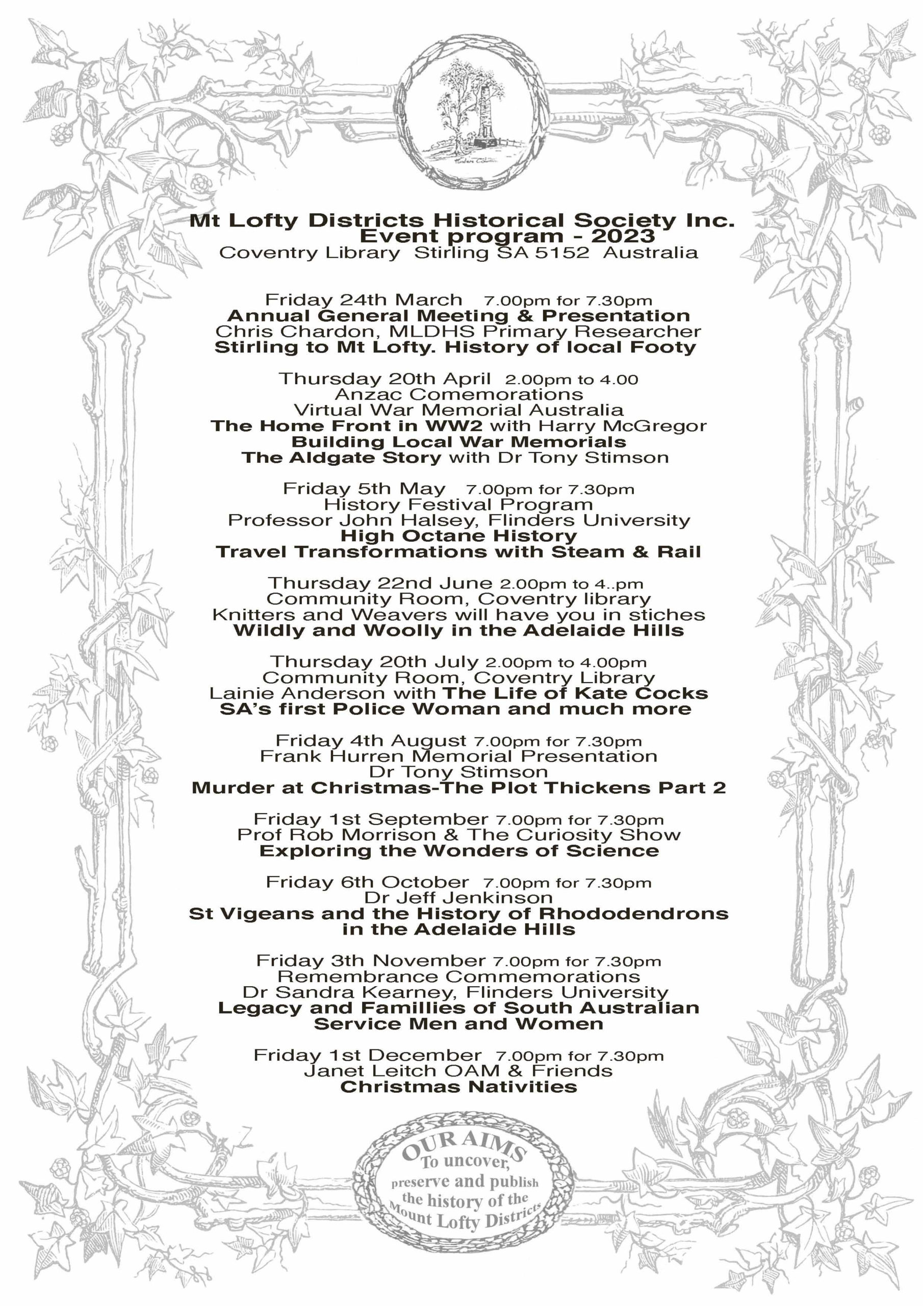 2023 Programme of Events – Mount Lofty Districts Historical Society Inc.